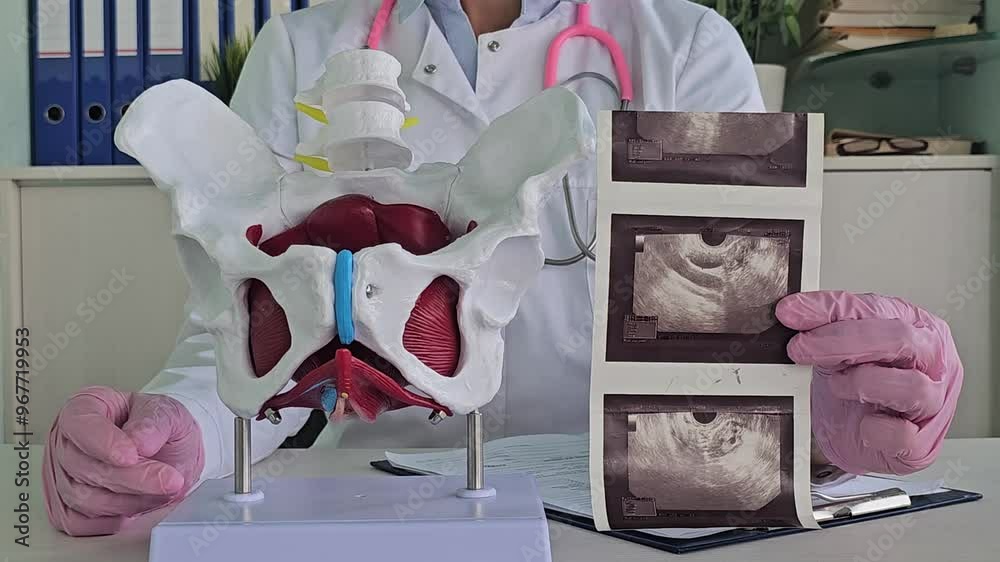 Gynecologist and ultrasound examination of the human pelvis model ...