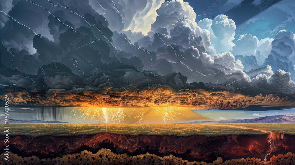 Cross-section of a thunderstorm cell, showing updrafts, downdrafts, and ...