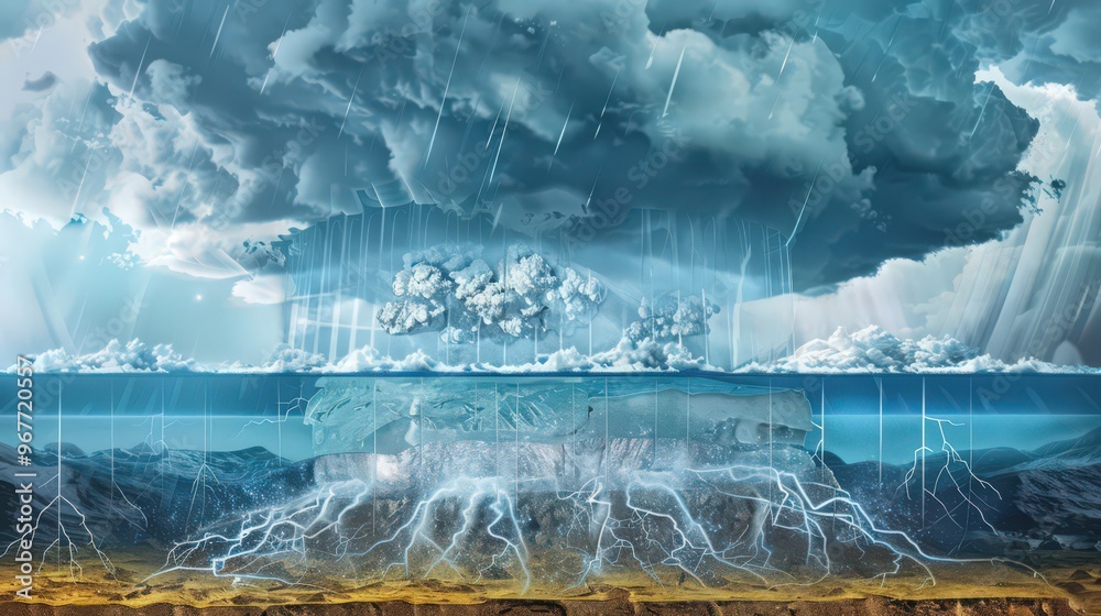 Cross-section of a thunderstorm cell, showing updrafts, downdrafts, and ...