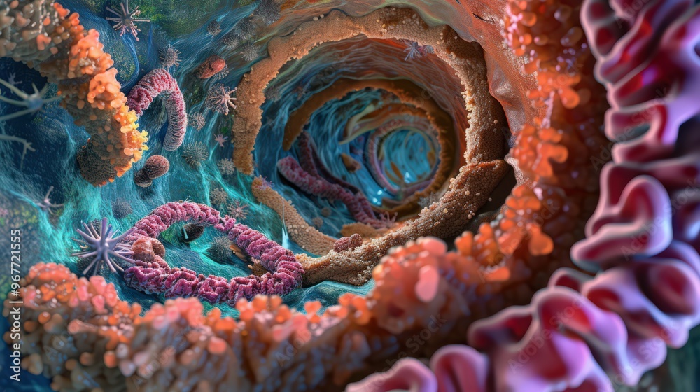 Cross-section of the colon affected by colorectal cancer, showing ...