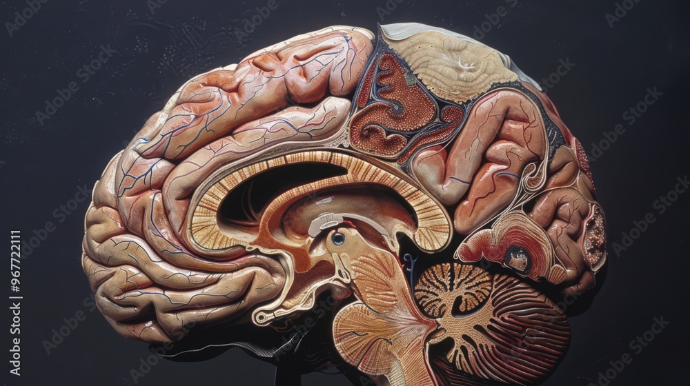 Cross-section of the human brain, highlighting different regions such ...