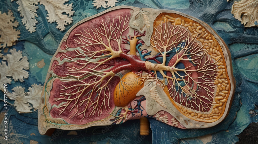 Cross-section of the human liver, showing the lobes, blood vessels, and ...