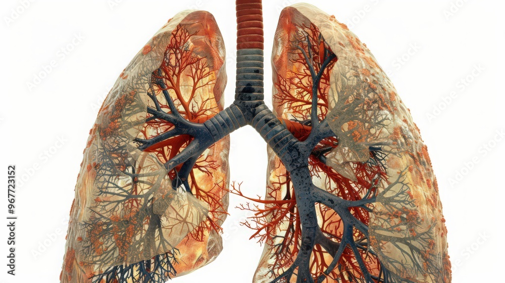 Cross-section of the lung, including bronchi, alveoli, and blood ...