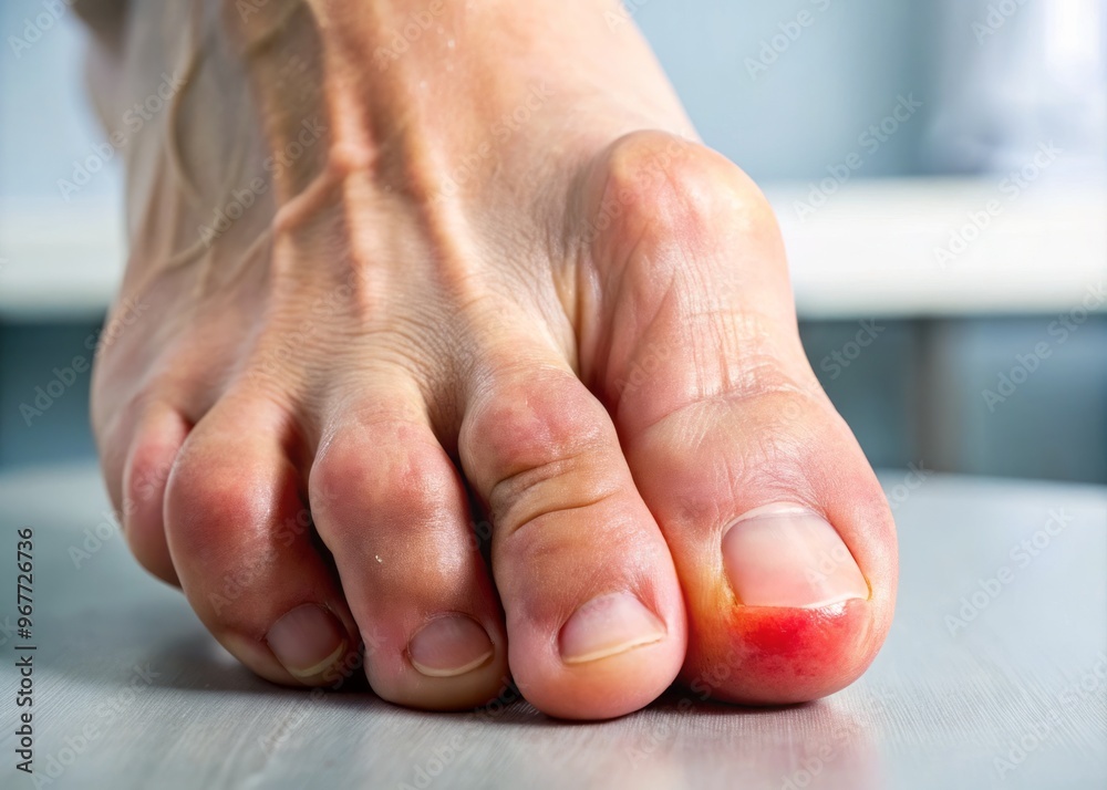 A close-up of a mallet toe, a deformity where the toe joint is bent ...