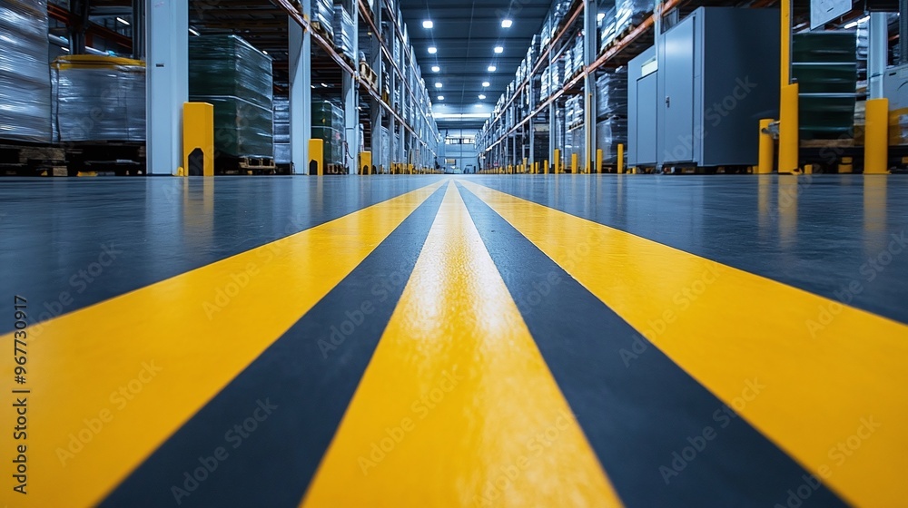 vibrant yellow markings on a modern warehouse floor, illustrating the ...