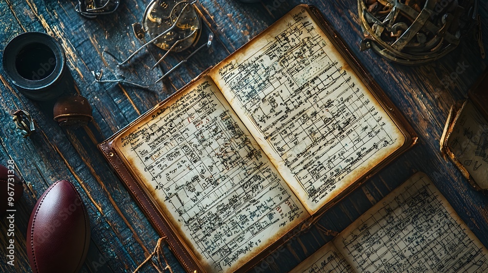 Foto de Football Playbook Open on Coach's Planning Table with Detailed ...