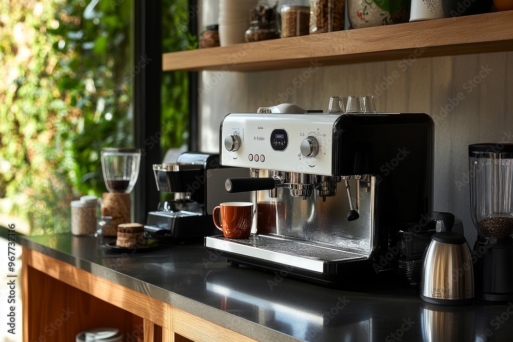 Cutting-edge kitchen appliances like a high-tech espresso machine and ...