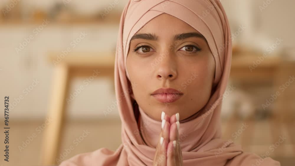 Portrait serious concentrated hopeful religion Islam Indian woman ...