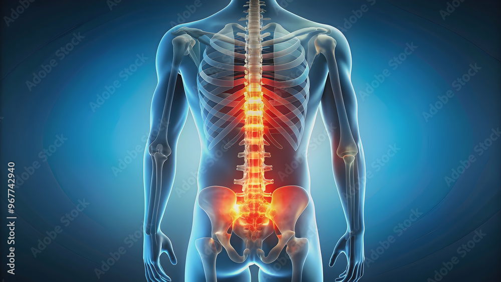 of lumbar spine with highlighted painful area, illustrating lower back ...