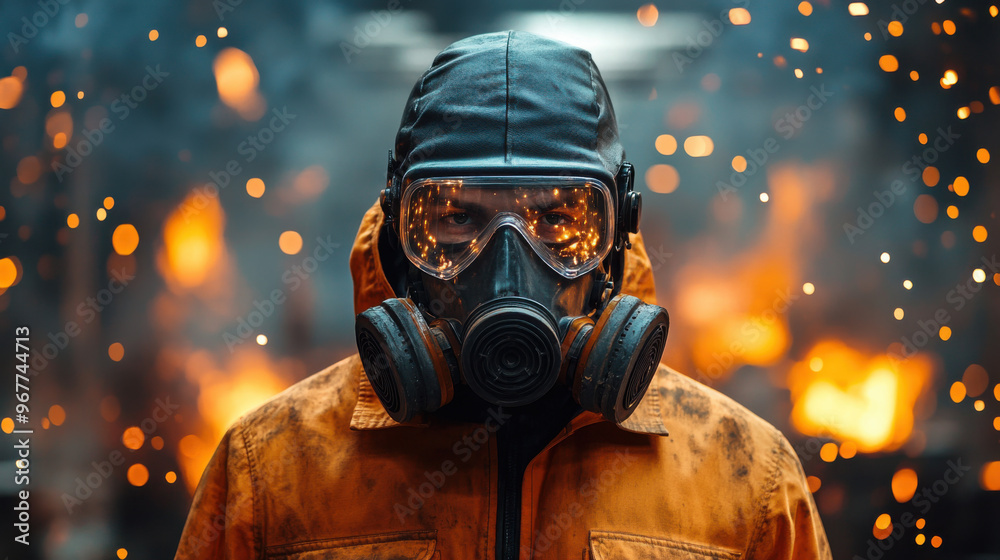 A figure wearing a gas mask stands in a fiery scene, surrounded by ...