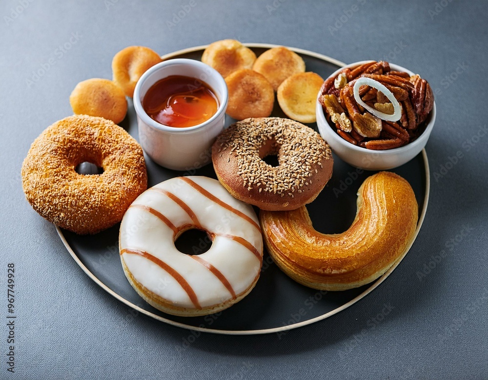 Set of top view tasty delicious desserts American Food in plate, Cronut ...