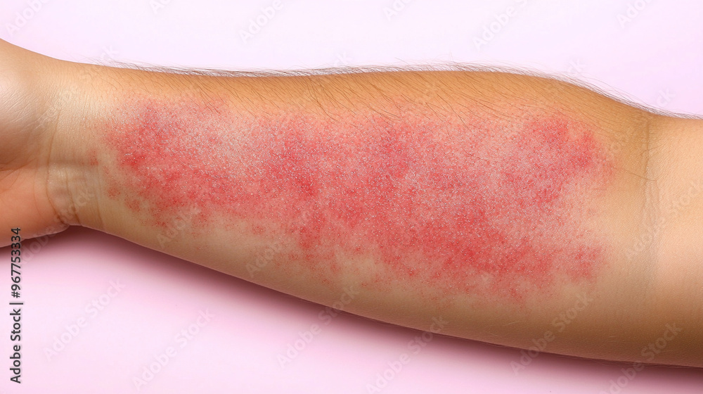 woman's hand scratching her forearm, showing a red rash, symbolizing ...