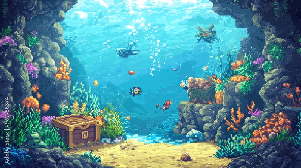 Pixelated 8-bit underwater scene with fish, treasure chests, and coral ...