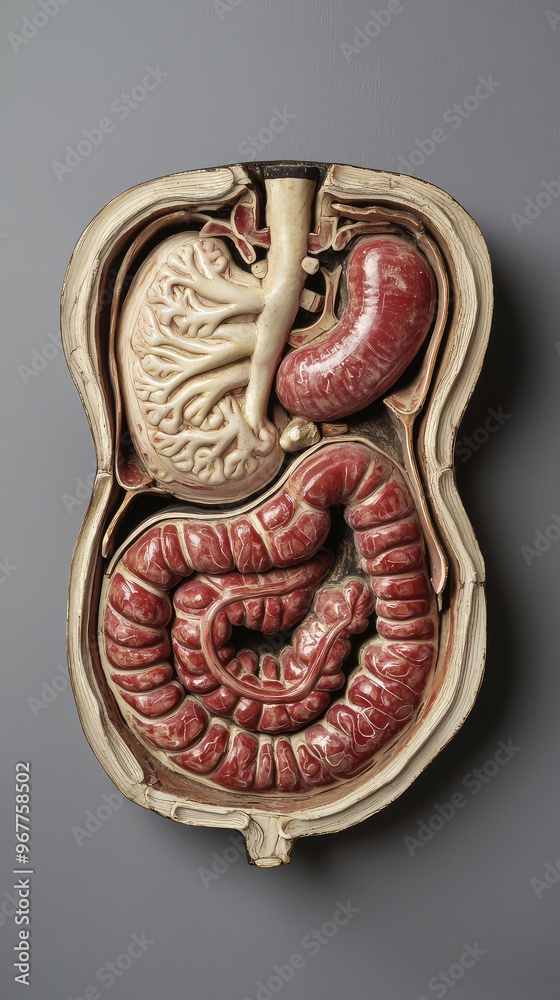 image depicts detailed cross section of human stomach and intestines ...