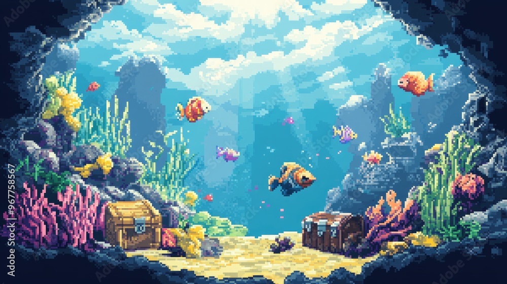 Pixelated 8-bit underwater scene with fish, treasure chests, and coral ...