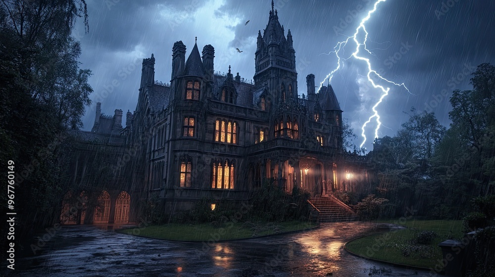 An old, haunted British villa engulfed in a storm, as lightning strikes ...