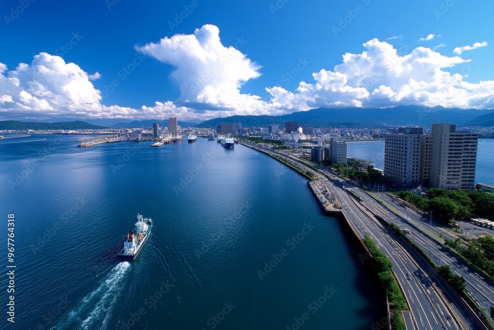 Aerial view of Osaka Bay, where the industrial side of the city meets ...