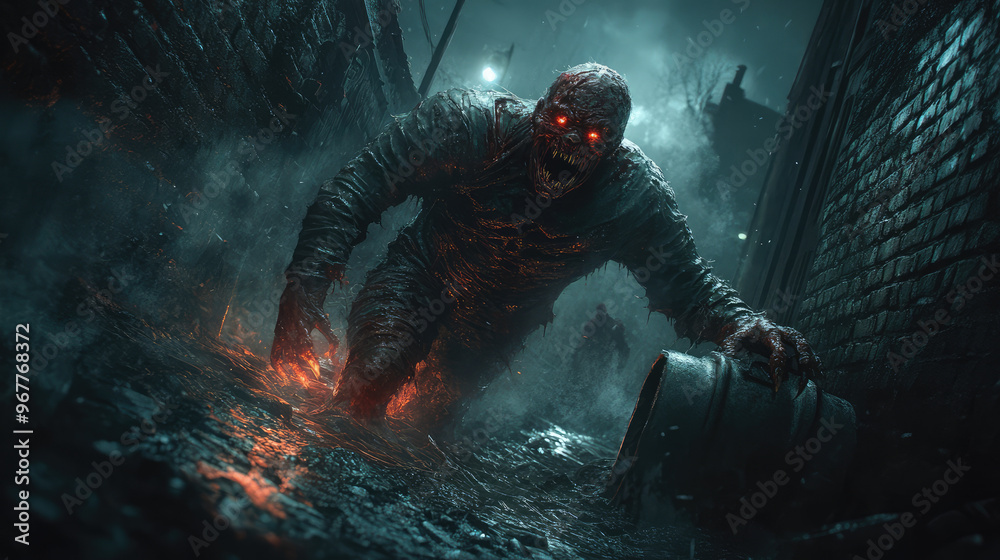 A monstrous infected figure climbing out of a sewer at night, its body ...