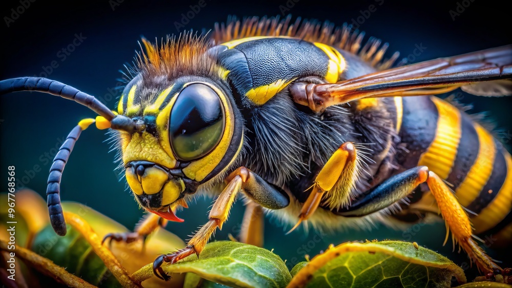 A vibrant yellow and black wasp with intricate wing patterns and ...