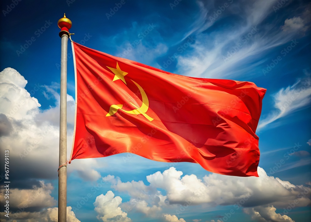 A vintage Soviet Russian flag waves proudly in the wind, its iconic red ...