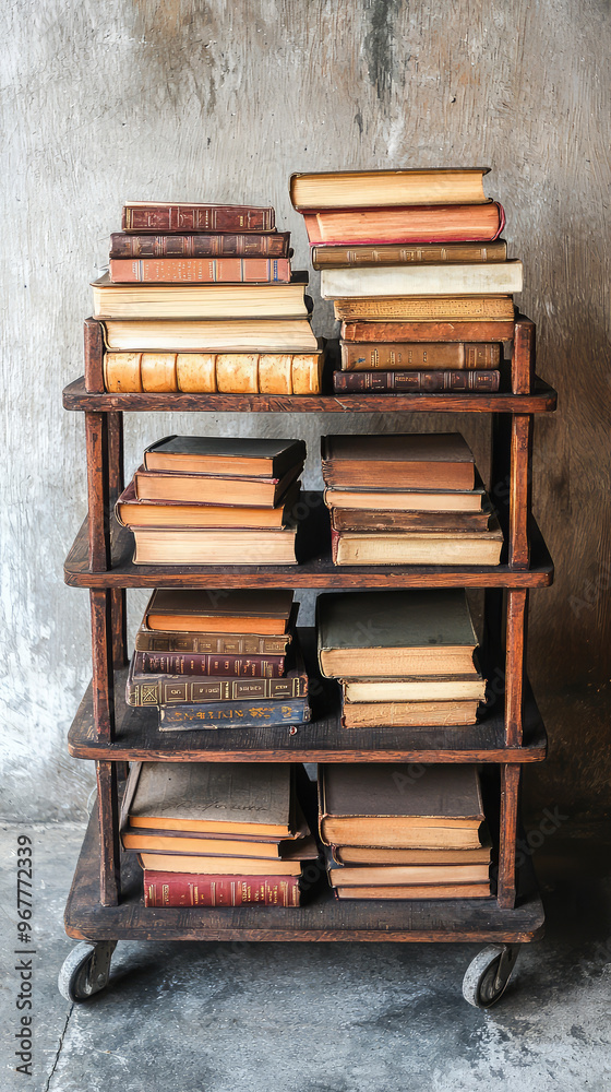Vintage library book cart with stack of books, showcasing rustic charm ...