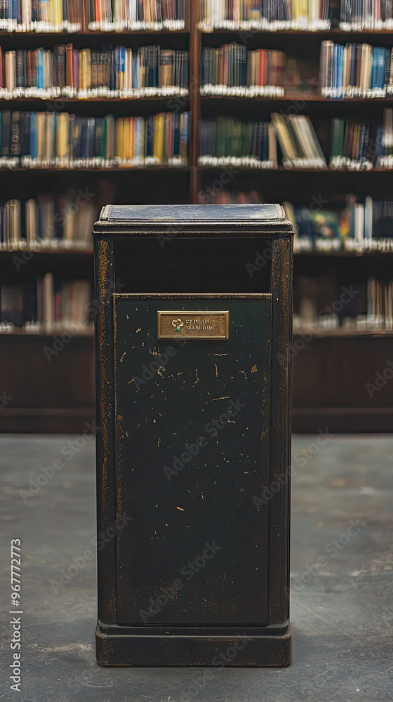 Vintage library book return bin with sign, surrounded by shelves filled ...