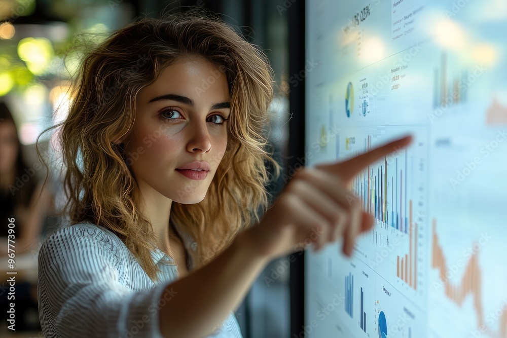 Young woman points to charts on screen. This photo is ideal for ...