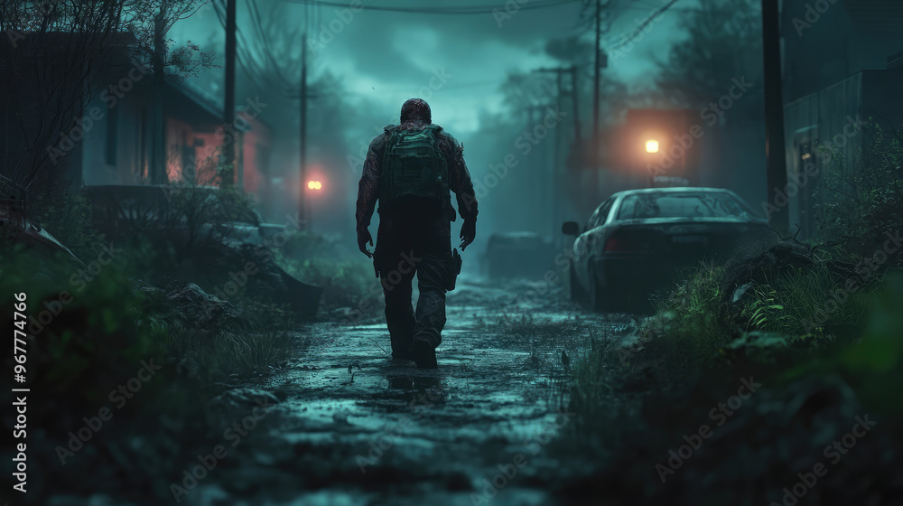 An infected humanoid figure staggering through an abandoned city at ...