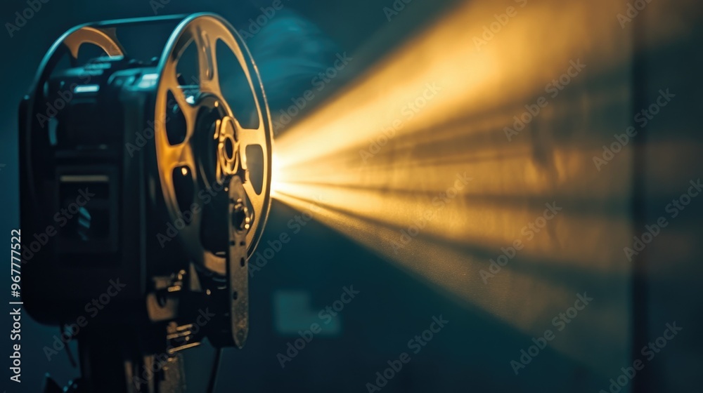 A retro film projector illuminates a blank wall, with the film reel ...