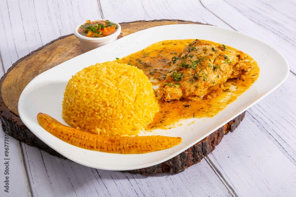 A vibrant, traditional Ecuadorian dish, Seco de Pollo, served with ...