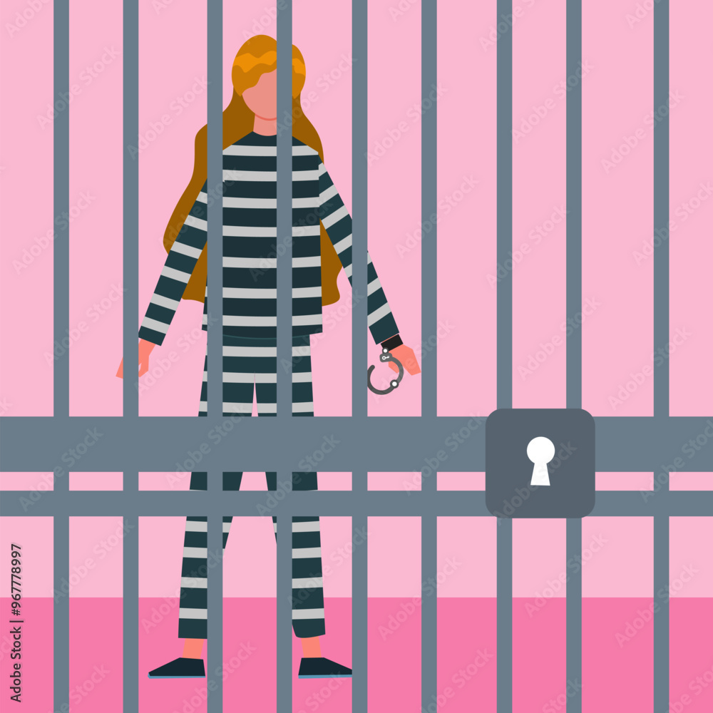 Female prisoner behind bars cartoon character vector illustration ...