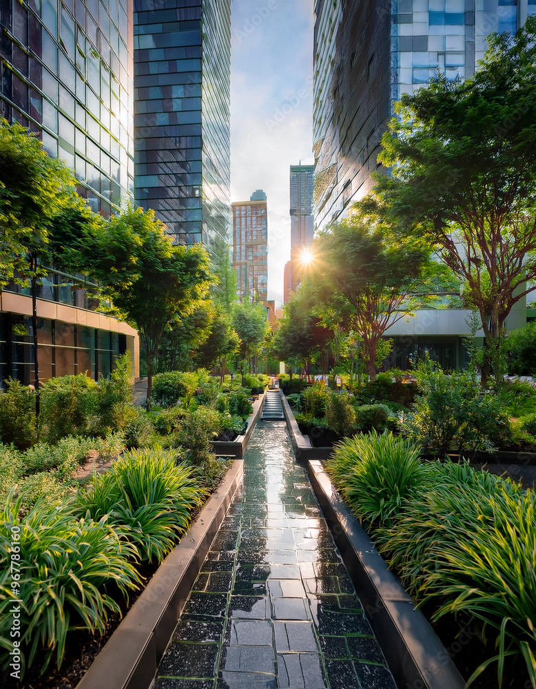 The greenery showcases a sustainable urban design with rain gardens and ...