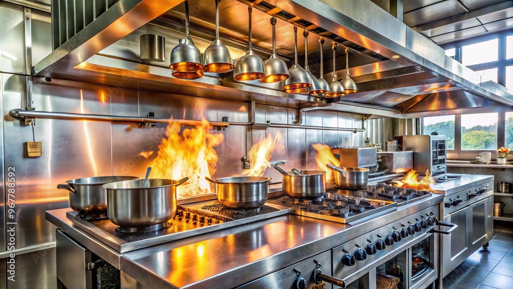 ภาพประกอบสต็อก Commercial kitchen fire suppression system with gleaming ...
