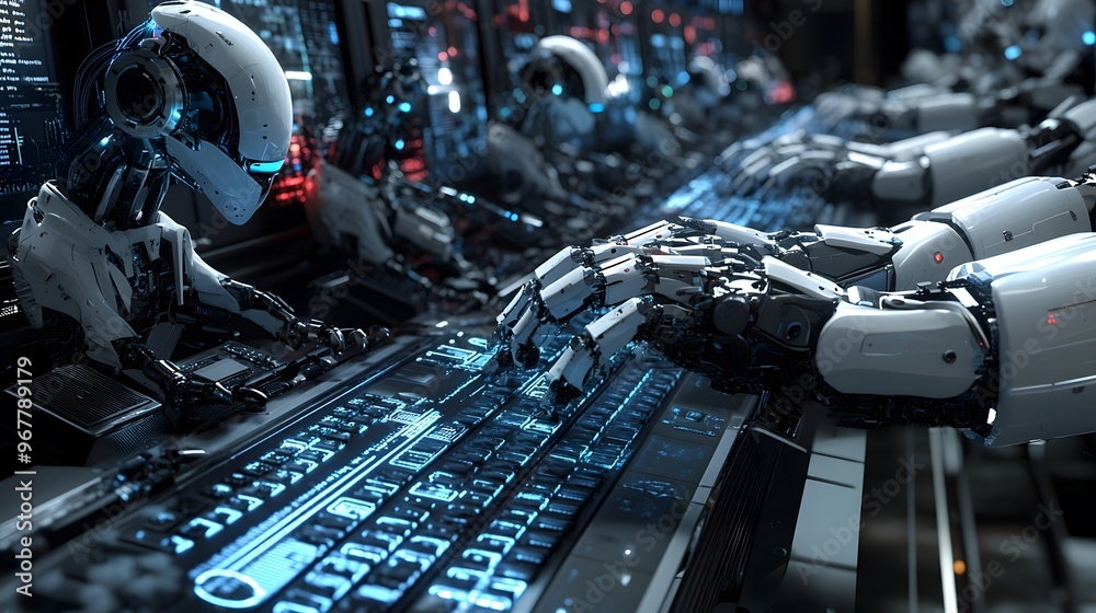 Multiple robotic arms typing at lightning speed on keyboards in a high ...