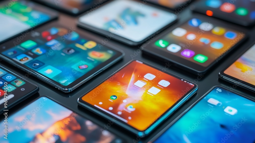 Multiple smart phones lay flat on a surface with various apps displayed ...