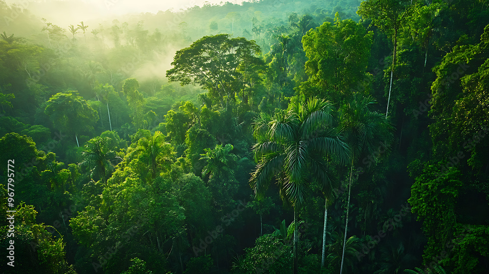 A view of the forest canopy in the Amazon rainforest, with tall ...