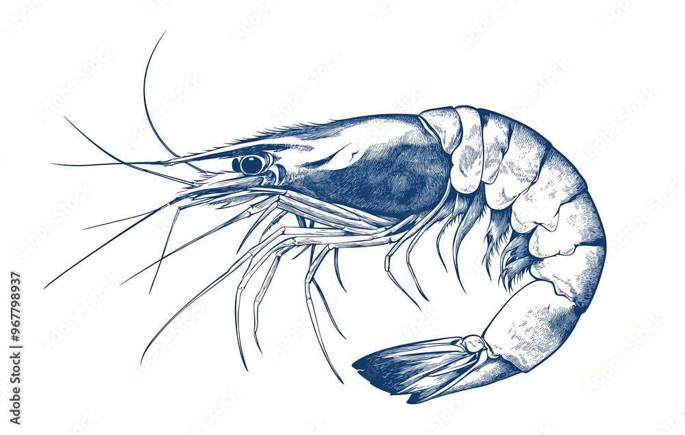 Seafood, shrimp prawn. Vintage retro print, black white seafood shrimp ...
