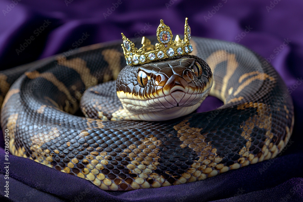 a snake wearing a tiny crown and a jeweled cape, coiled elegantly ...
