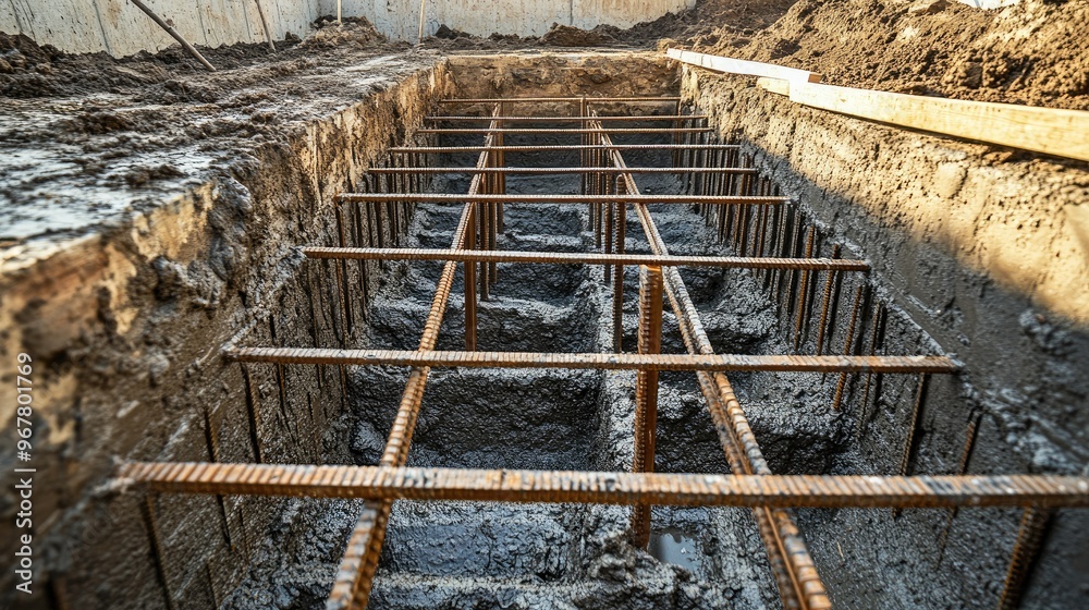 Rebar and formwork in a foundation pit, captured in a detailed shot ...