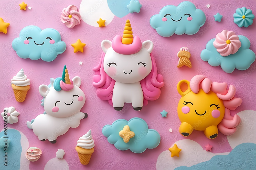 25. A chibi-style pattern of unicorns and teddy bears, surrounded by ...