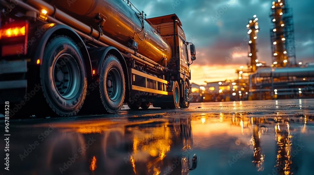 Tanker Truck to transport fuel in industrial petroleum plant. Closeup ...