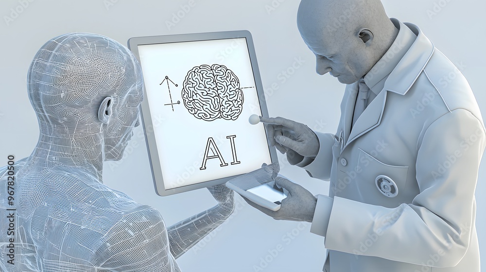 A 3D character, dressed as a doctor, using a tablet with a brain line ...