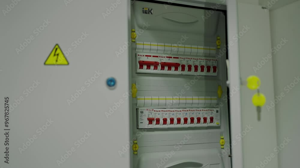 Open electrical cabinet in an industrial setting with safety signage ...