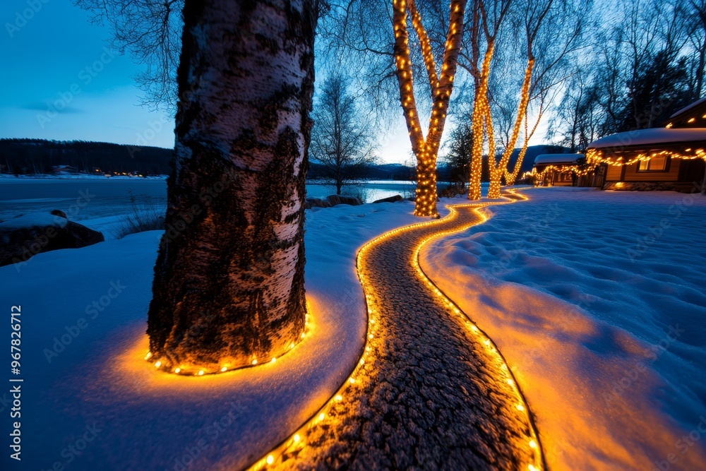 Christmas lights wrapped around tree trunks and branches, turning a ...