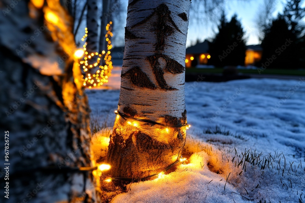 Christmas lights wrapped around tree trunks and branches, turning a ...