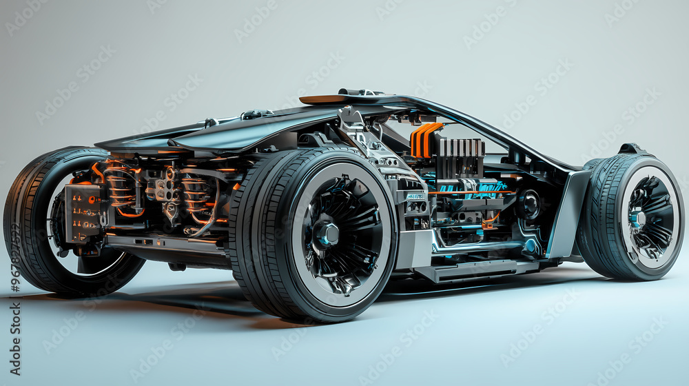 A highly detailed and futuristic electric car chassis with exposed ...