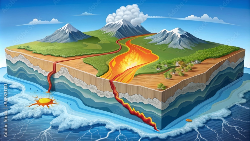 Illustrated diagram of a subduction zone, showcasing the process of ...