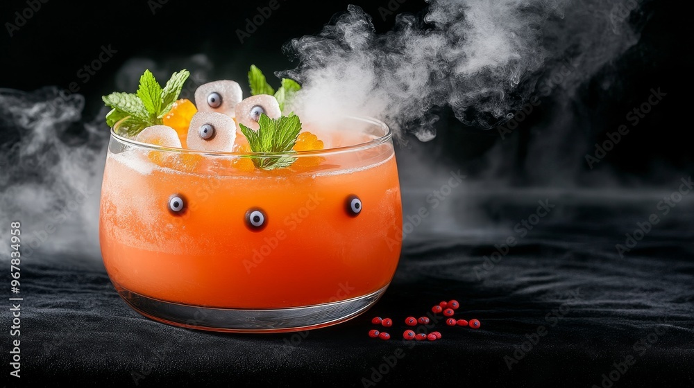 An artistic display of a spooky Halloween punch bowl with floating ...