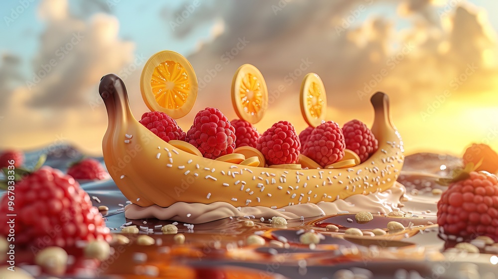 Illustrate a whimsical banana split boat sailing on a chocolate river ...