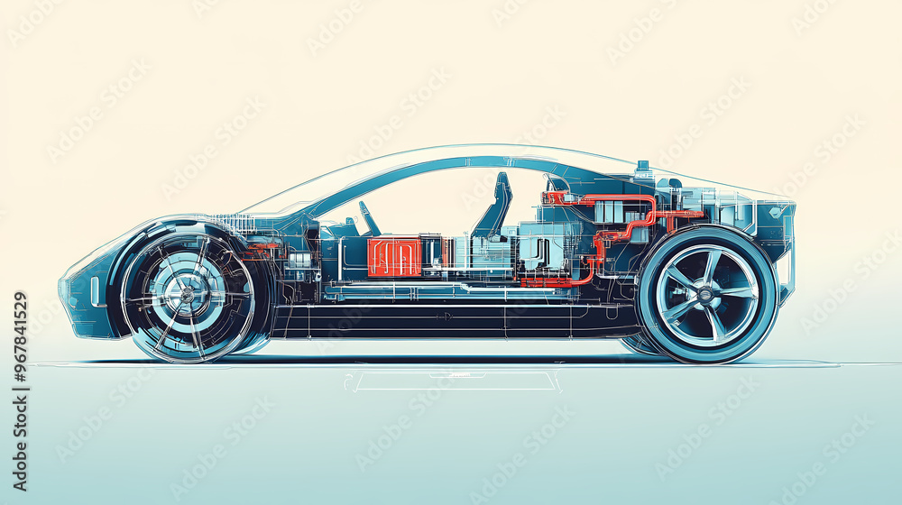 Electric car technical cutaway with all main details of ev system ...